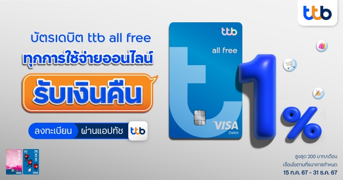 ครั้งแรกกับ บัตรเดบิต ttb all free ทุกการใช้จ่ายออนไลน์ รับเงินคืน 1% ...